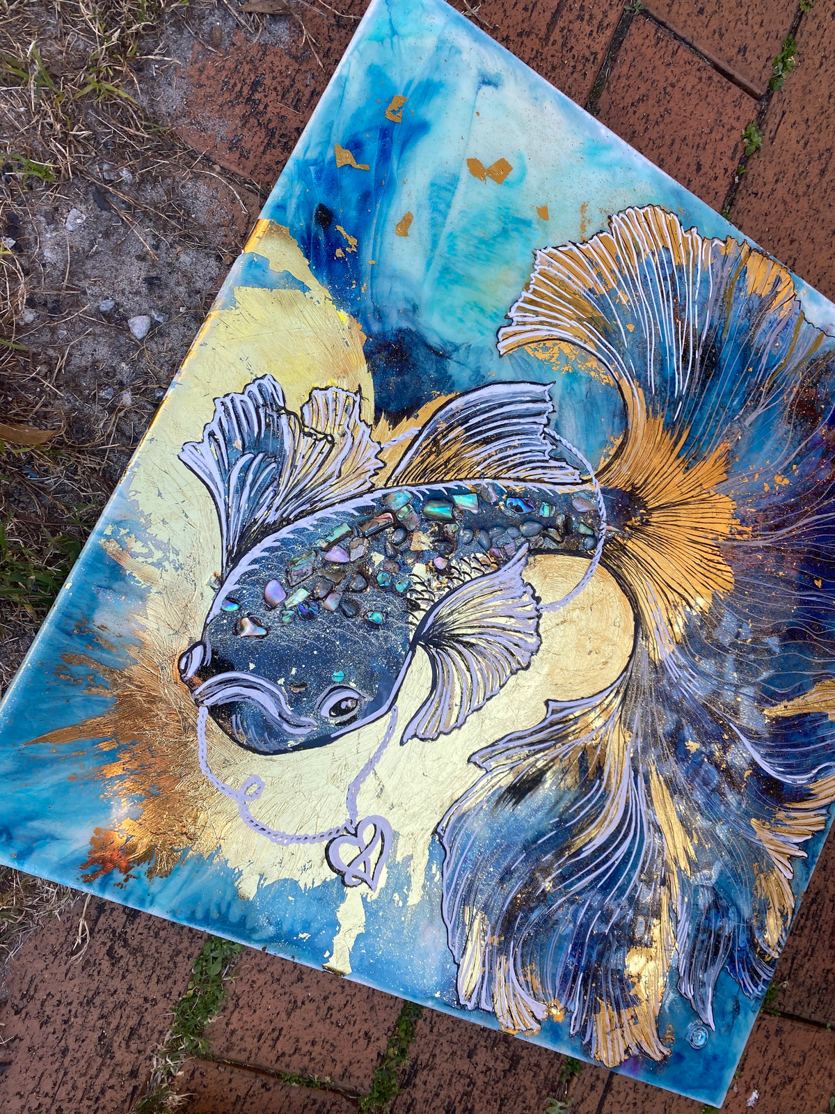 Blue Fish Artwork. Beta Fighter Fish. Abalone shells in Gold | Luxury ...