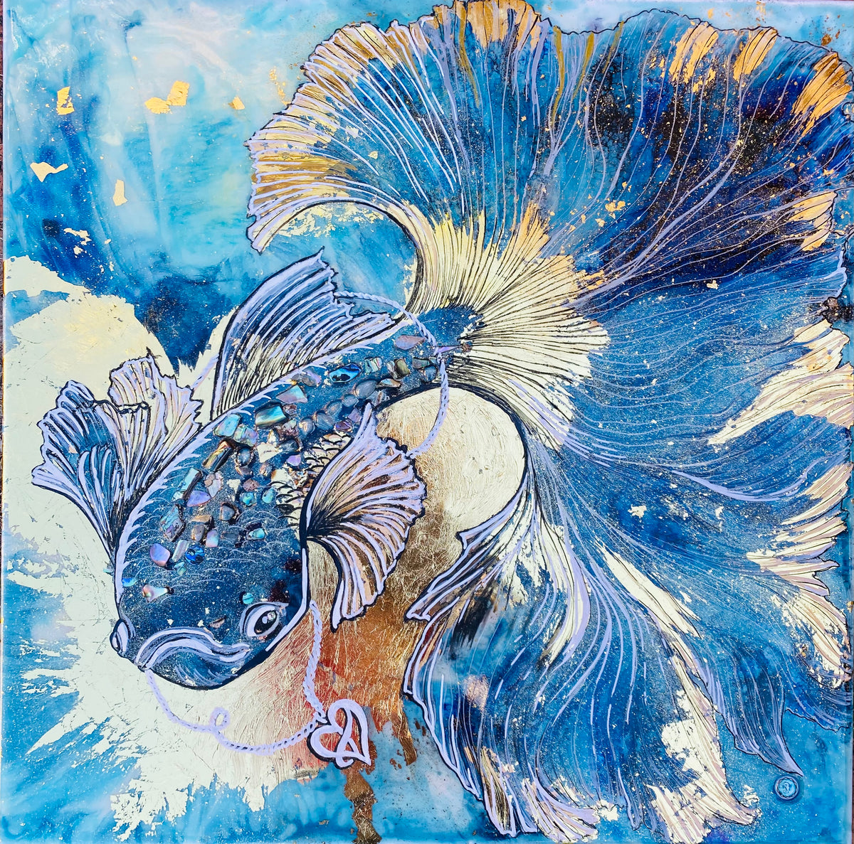 Blue Fish Artwork. Beta Fighter Fish. Abalone shells in Gold | Luxury ...
